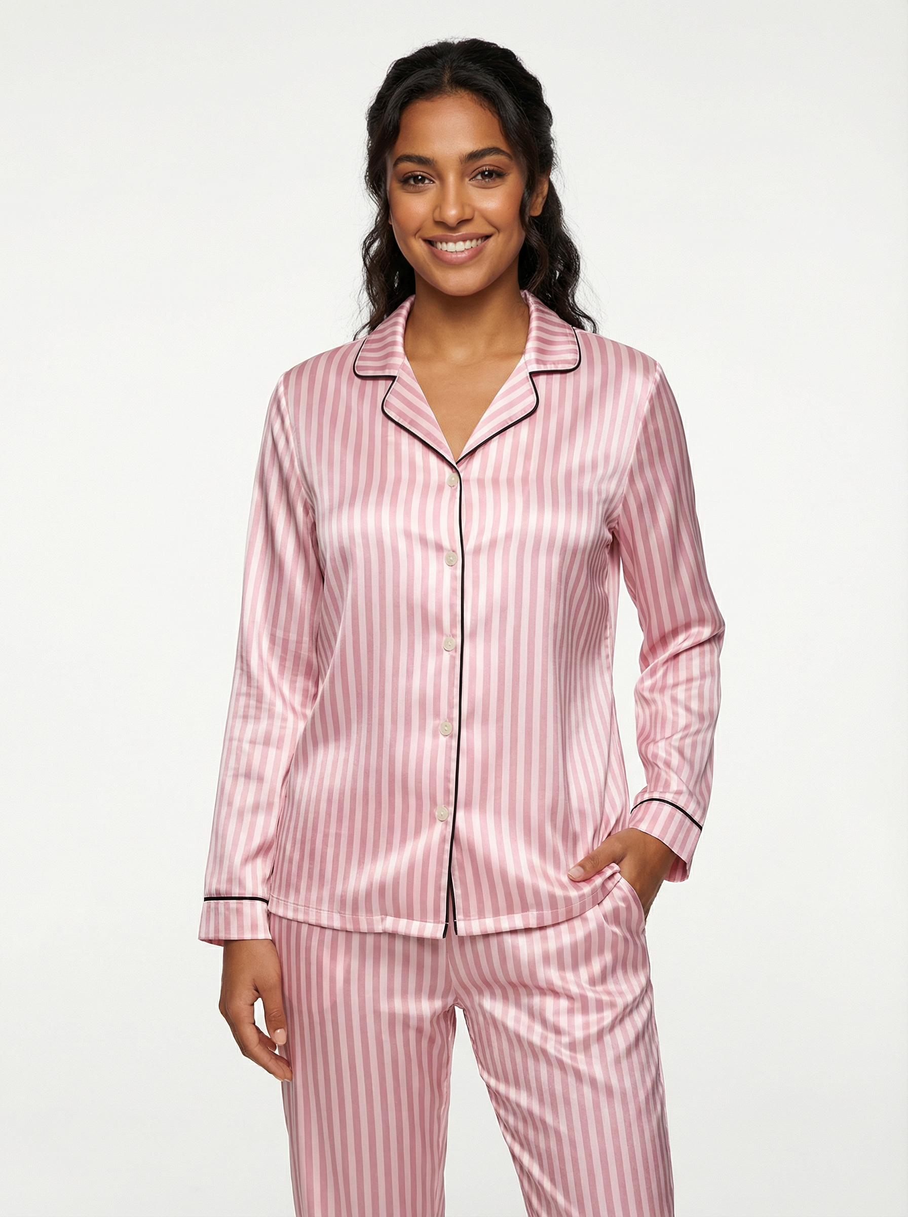Women's classic satin pajamas with striped buttons – 2segypt